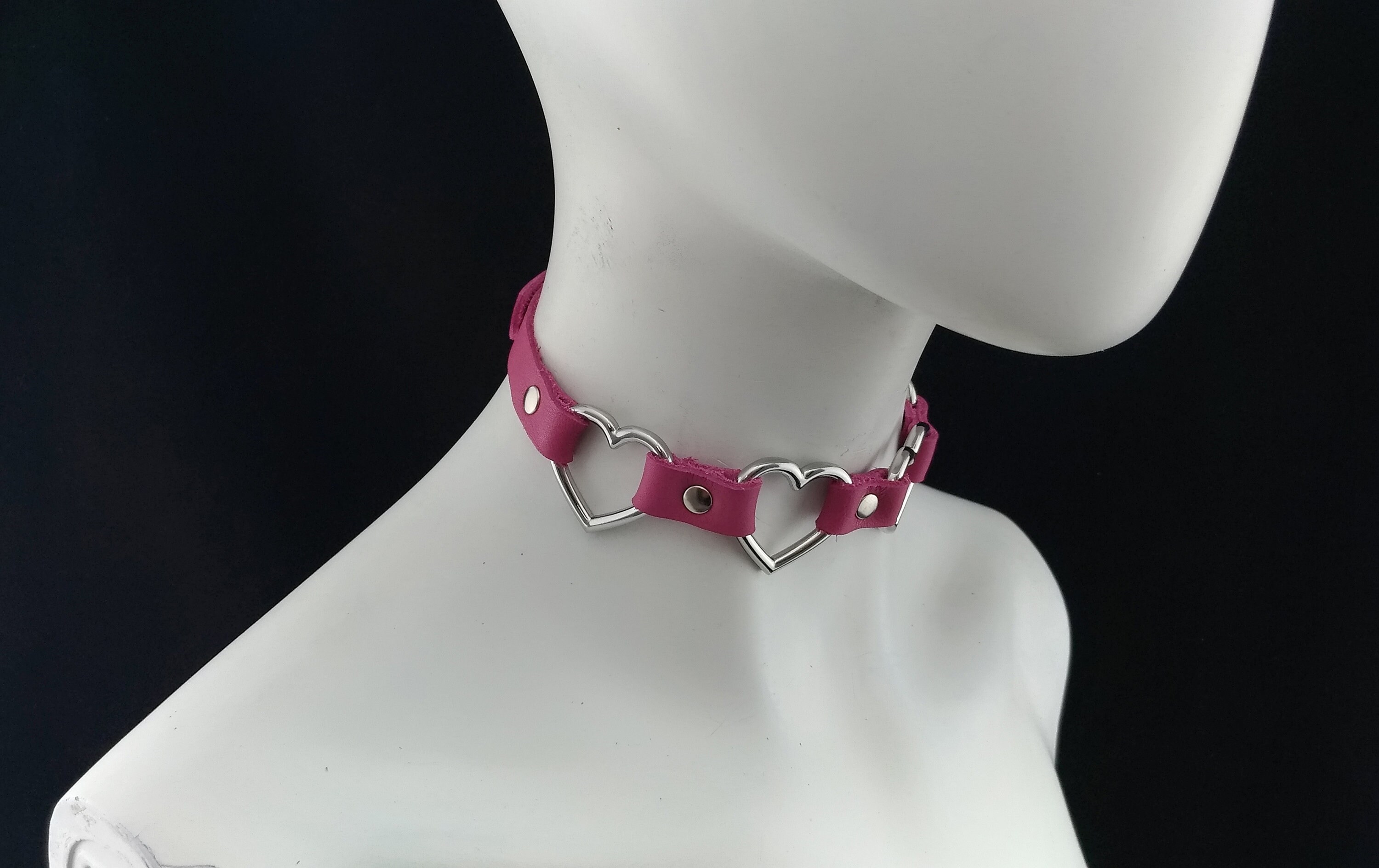 Heart Choker Genuine Leather Choker Collar Quad Heart Pink | Etsy