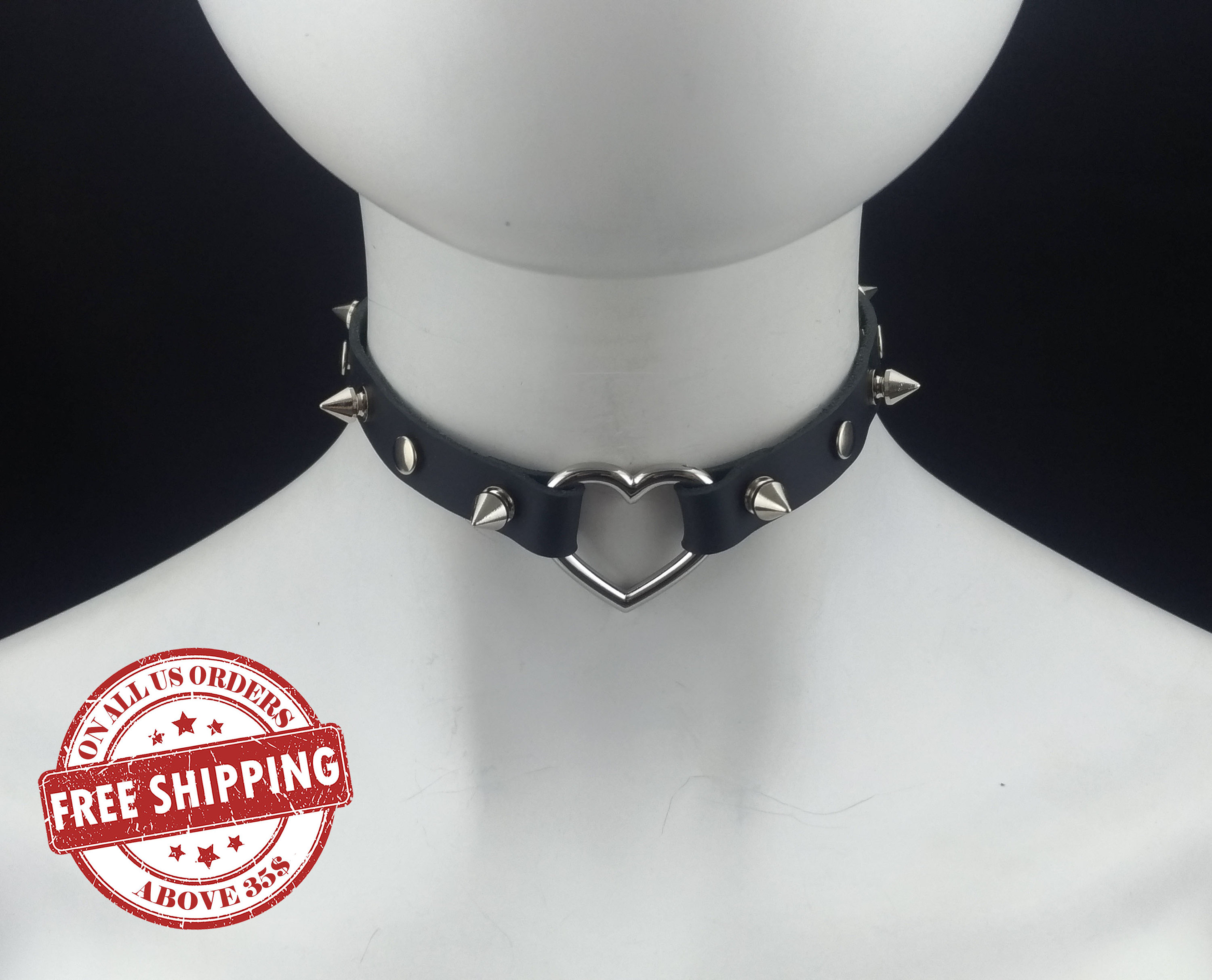 Choker Genuine Leather Choker Collar Black Leather Heart | Etsy