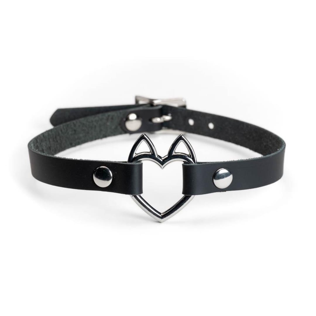 Cat Ears Heart Choker Genuine Leather - Collar Black Leather Choker ...