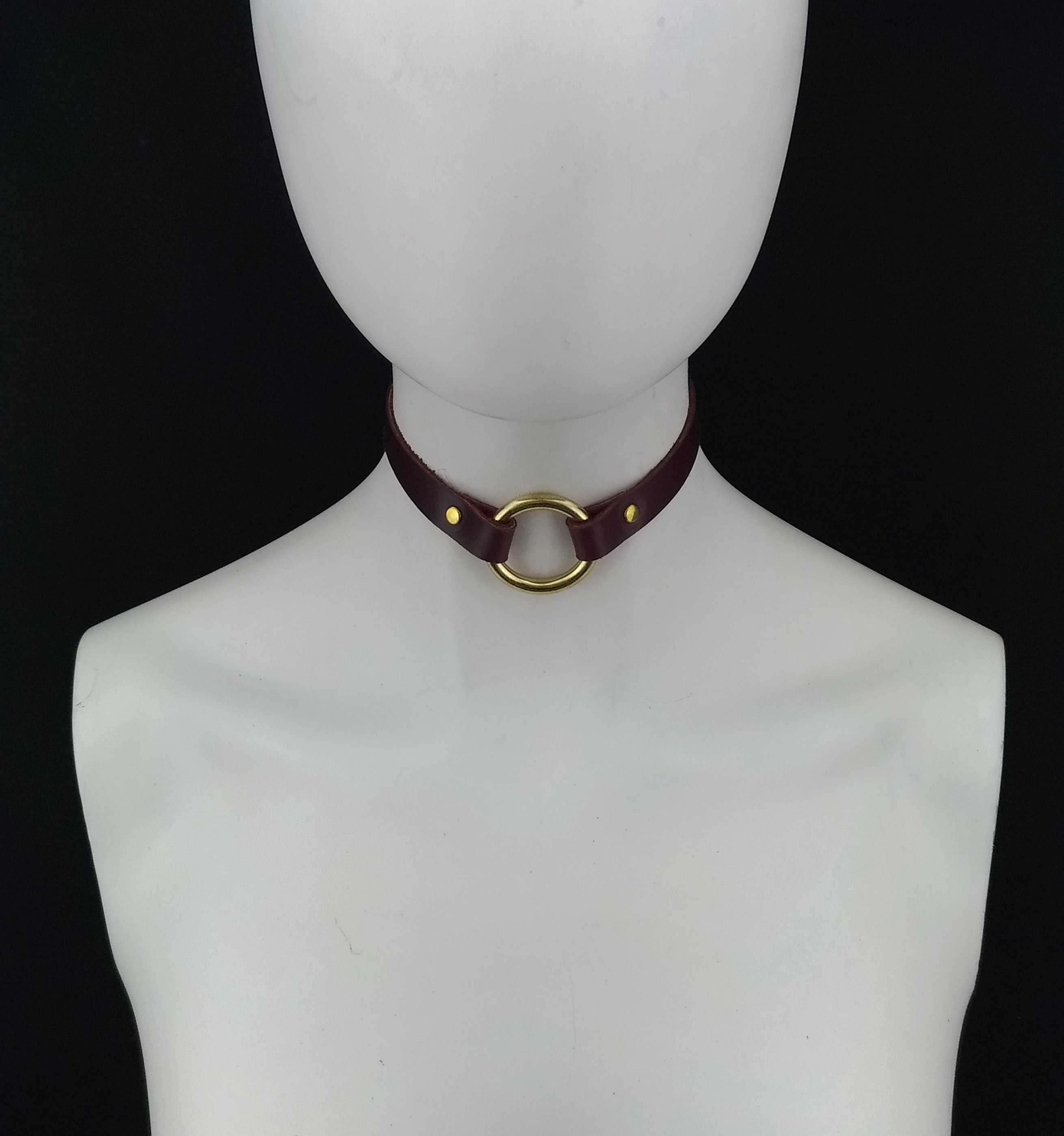 Choker Genuine Leather Dark Red Leather Choker with Gold O | Etsy