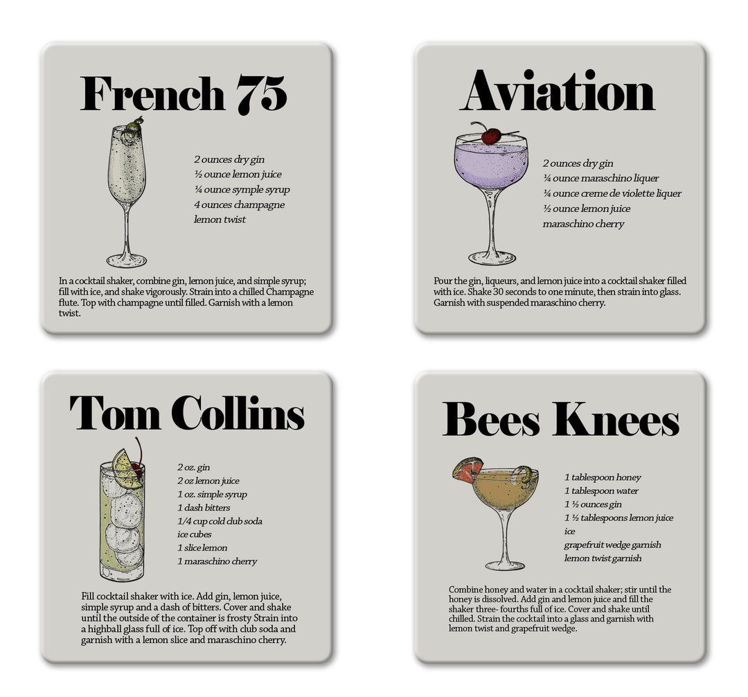 Prohibition Era Cocktail Drink Recipes 4-piece Matte Ceramic Coaster ...