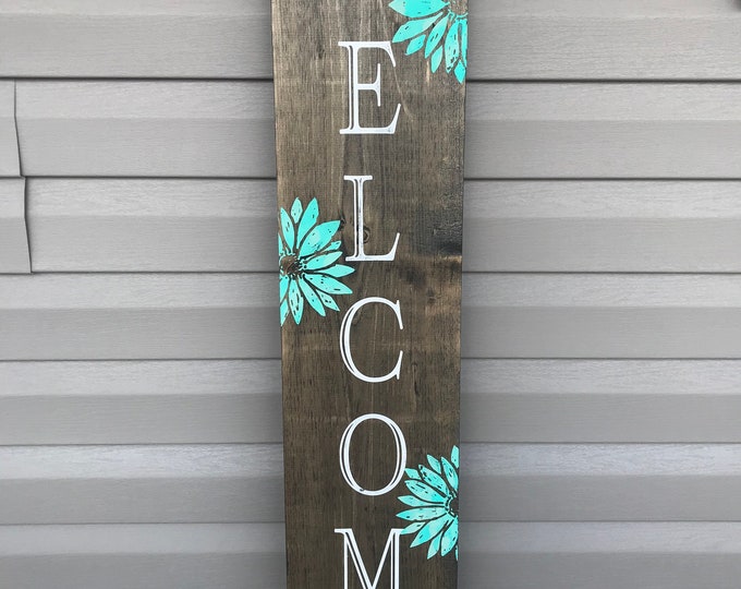 Welcome Porch Leaner Sign With Teal Blue Sunflowers / Gray Black ...
