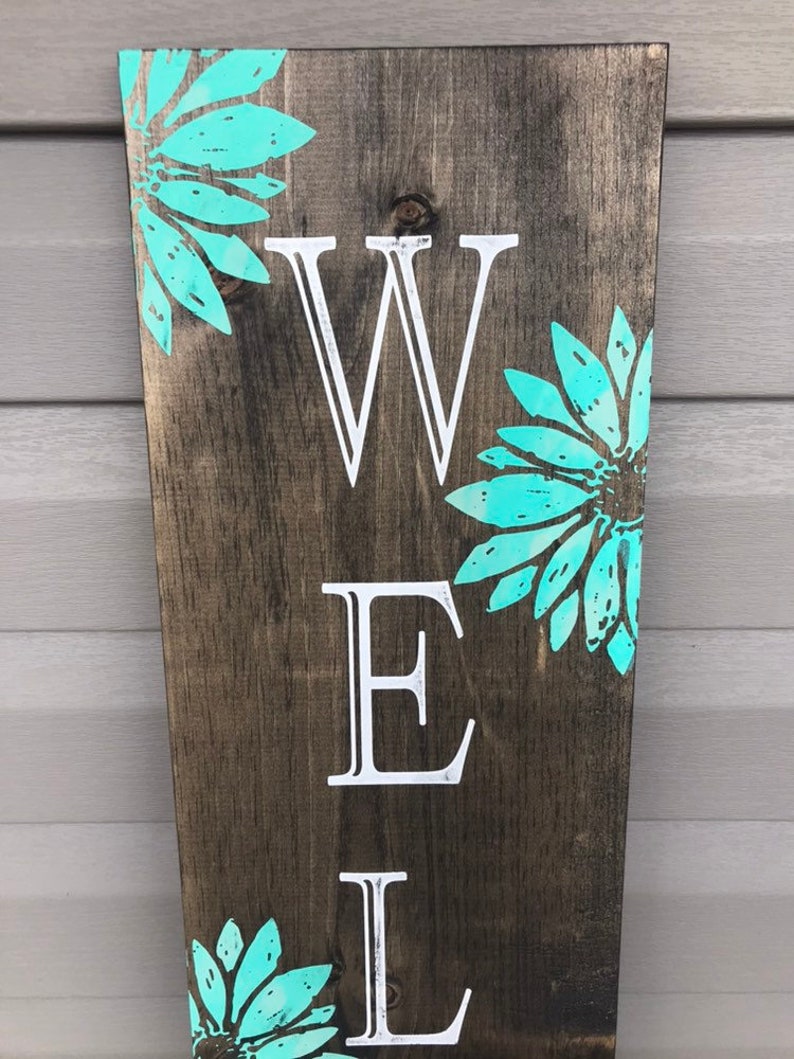 Welcome Porch Leaner Sign with Teal Blue Sunflowers / Gray | Etsy