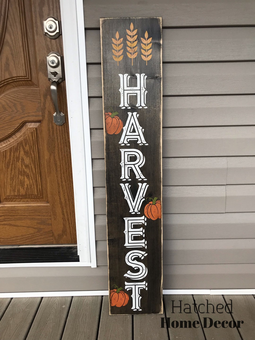 Harvest Porch Leaner Sign With Pumpkins / Gray Black Stained Sign ...