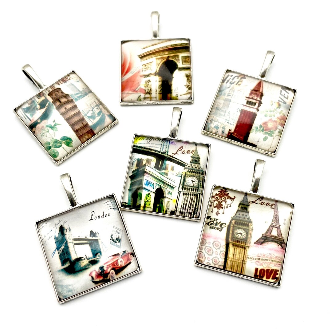 140 6 Glass Cabochon Charms Europeen City ,silver Tone 26mm X 38mm, CH ...