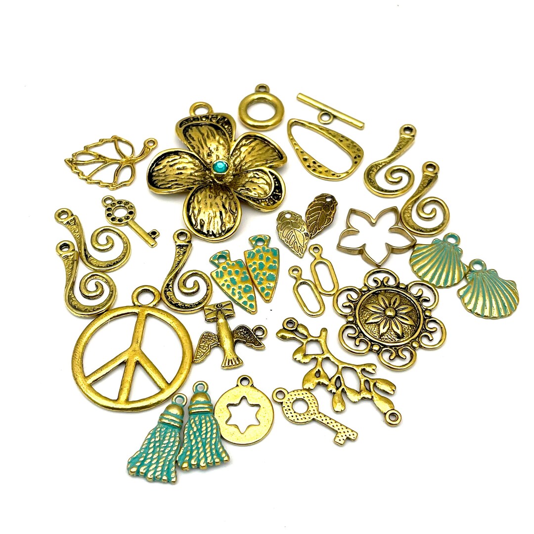 28 Charms Gold Metal Green Patina Pairs Simple Collection - Etsy