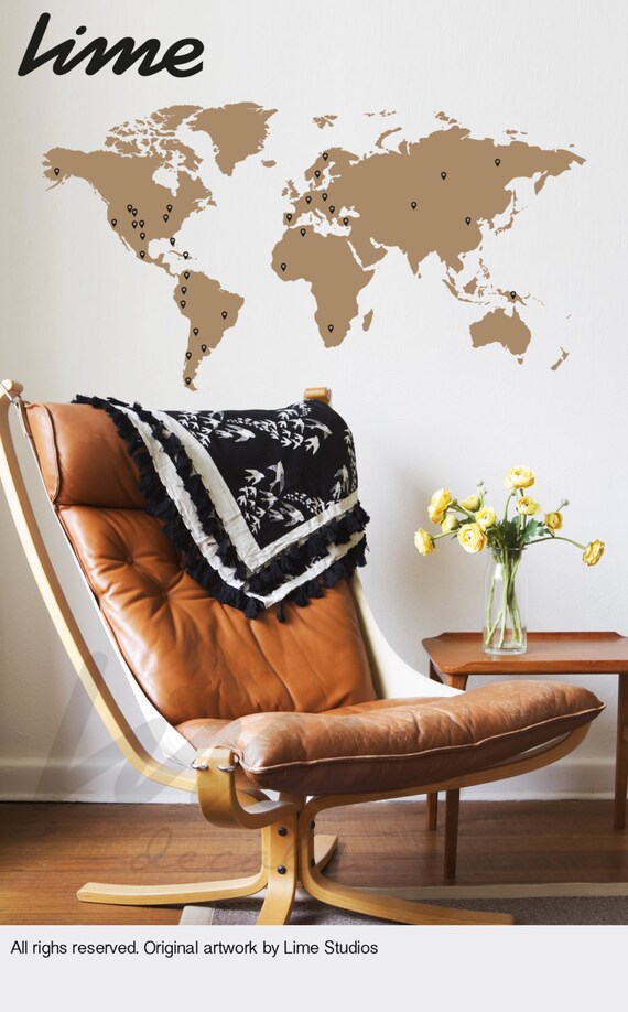 World Map Wall Decal With 60 Marking Pins World Map Decal | Etsy