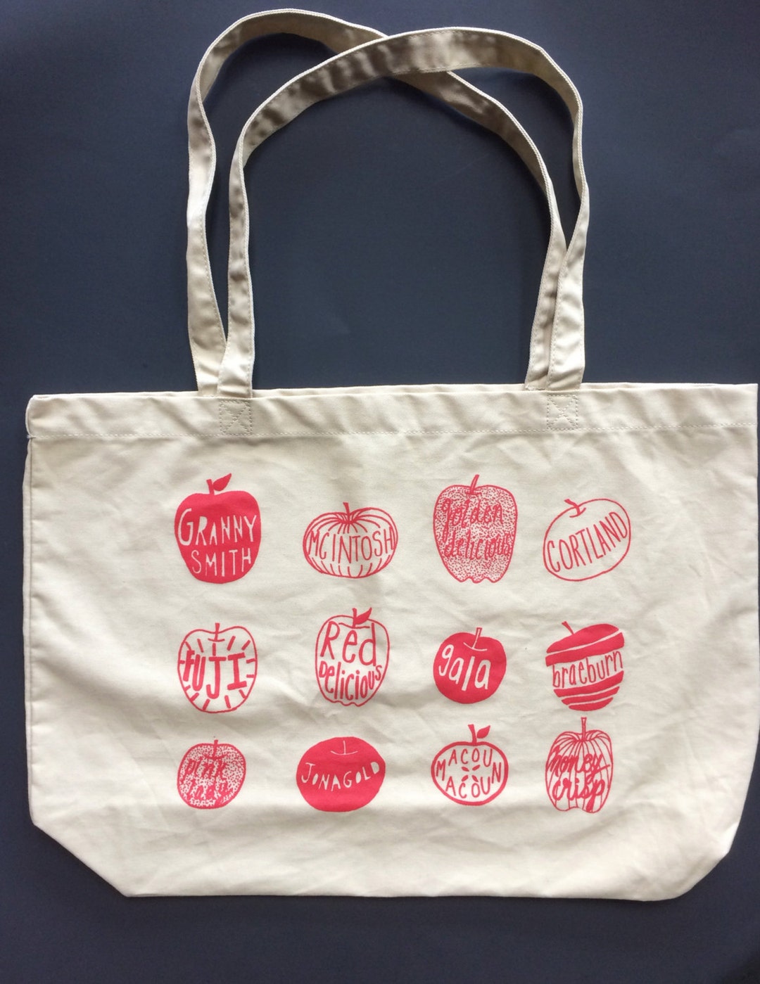 Apple Tote Bag, Market Tote, Screen Printed Tote, Food Bag, Reusable ...