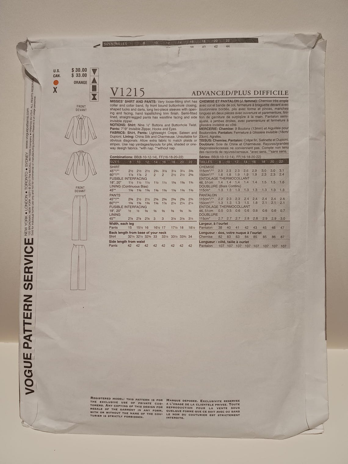 CHADO Ralph Rucci 2010 VOGUE PATTERNS Sewing Pattern 1215 Size 8 10 12 ...