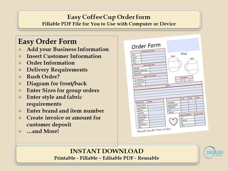 Custom Coffee Mug Order Form, Printable and Fillable/editable PDF ...