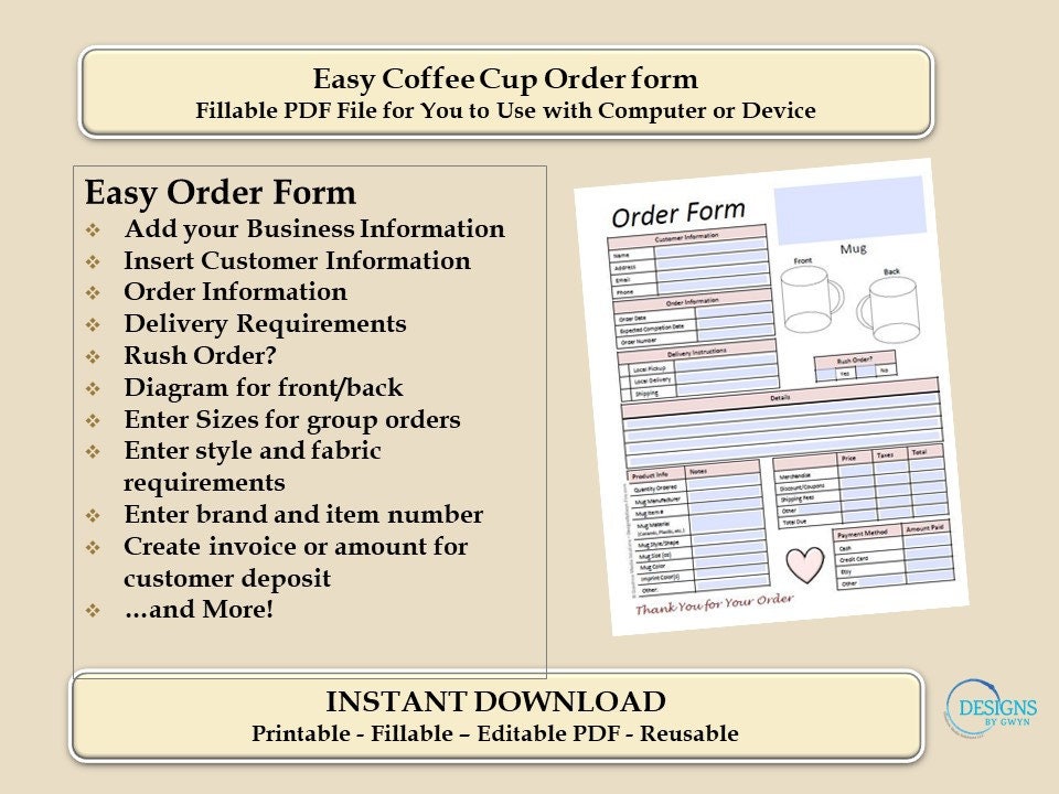 Custom Coffee Mug Order Form, Printable and Fillable/editable PDF ...