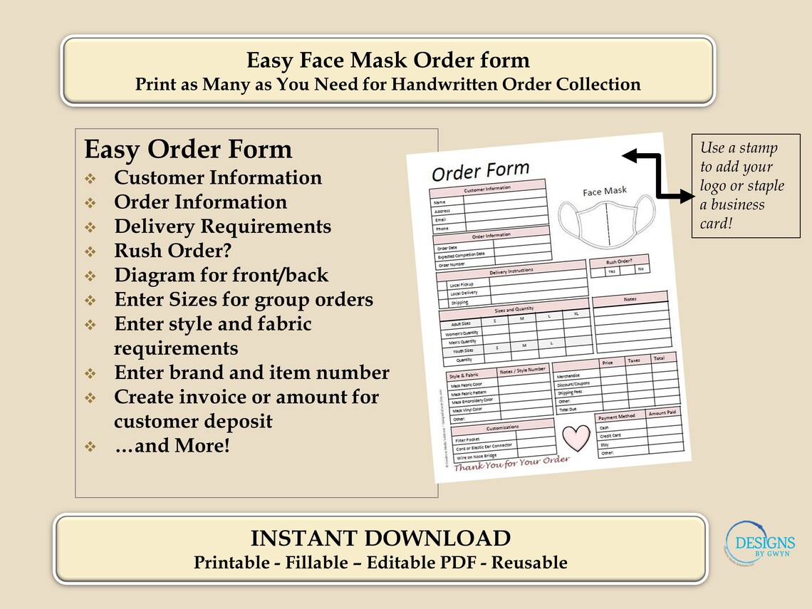 Custom Face Mask Order Form, Printable and Fillable/editable PDF, Instant Download, Business ...