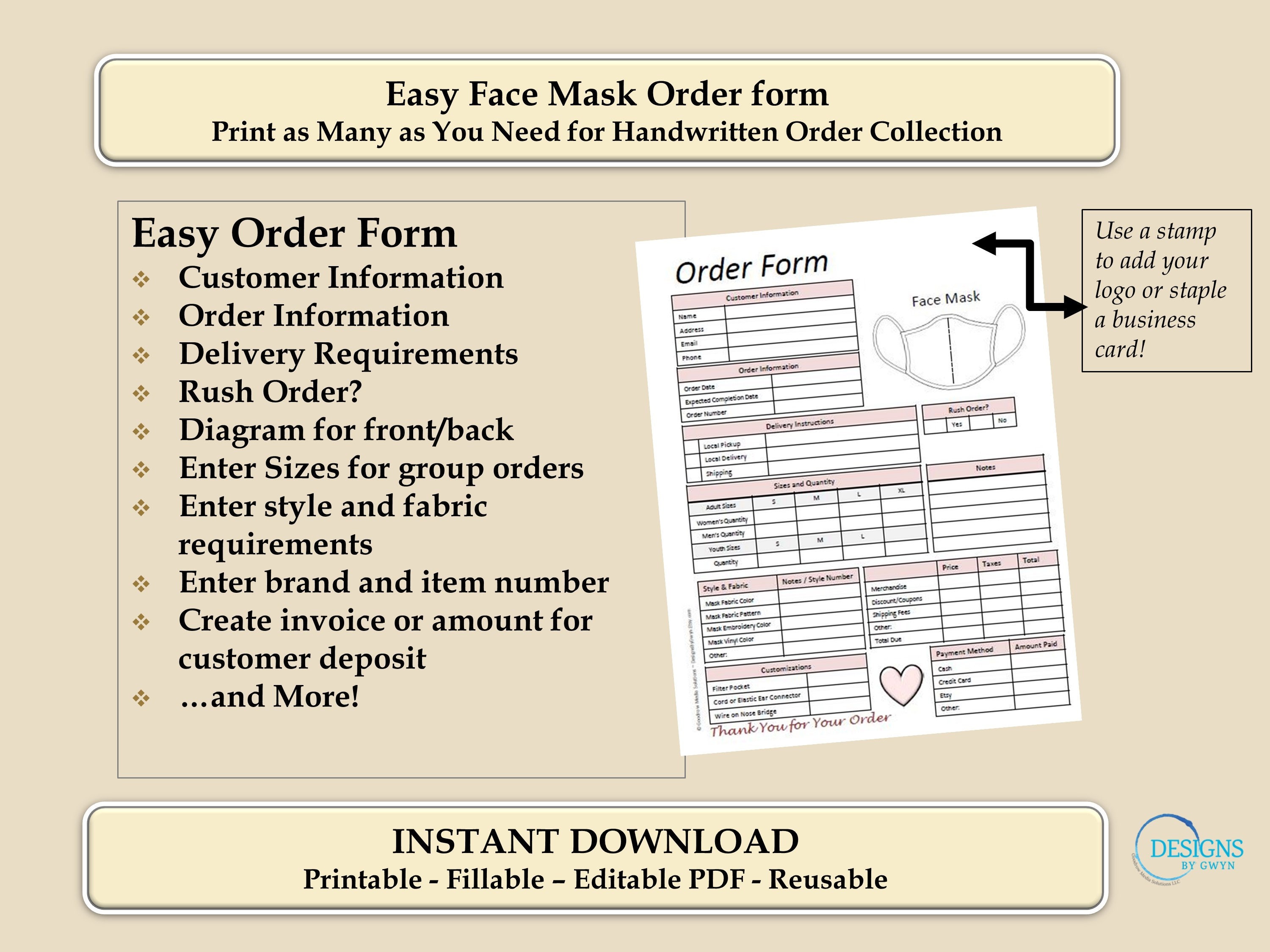 Custom Face Mask Order Form, Printable and Fillable/editable PDF ...