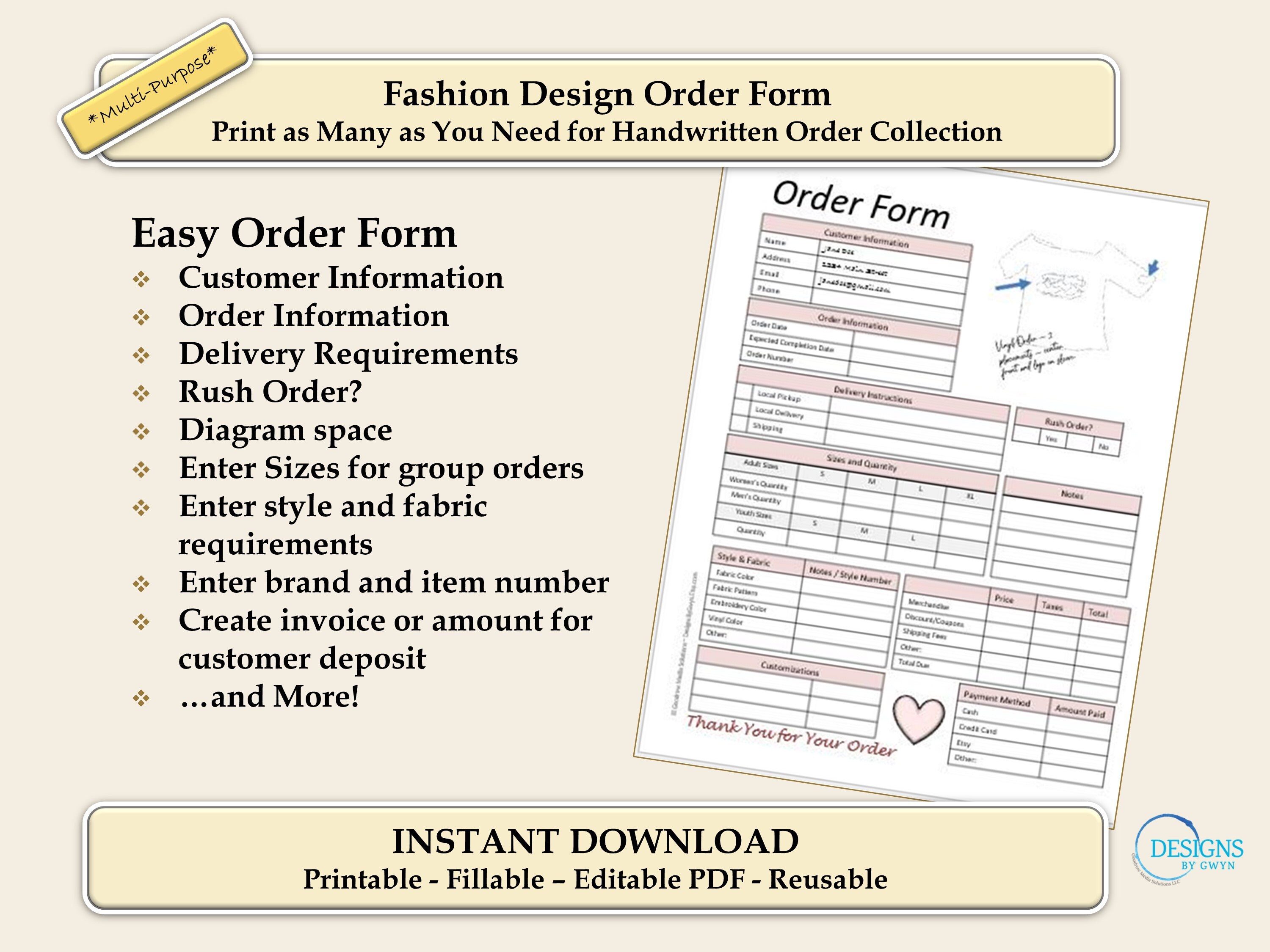 Multi-purpose Order Form, Printable and Fillable/editable PDF, Instant ...
