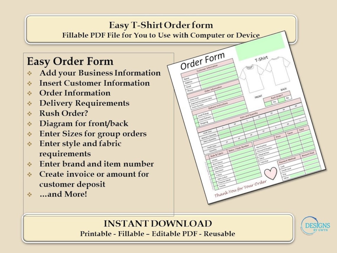 Custom T-shirt Order Form, Fillable PDF Template (instant Download) - Etsy