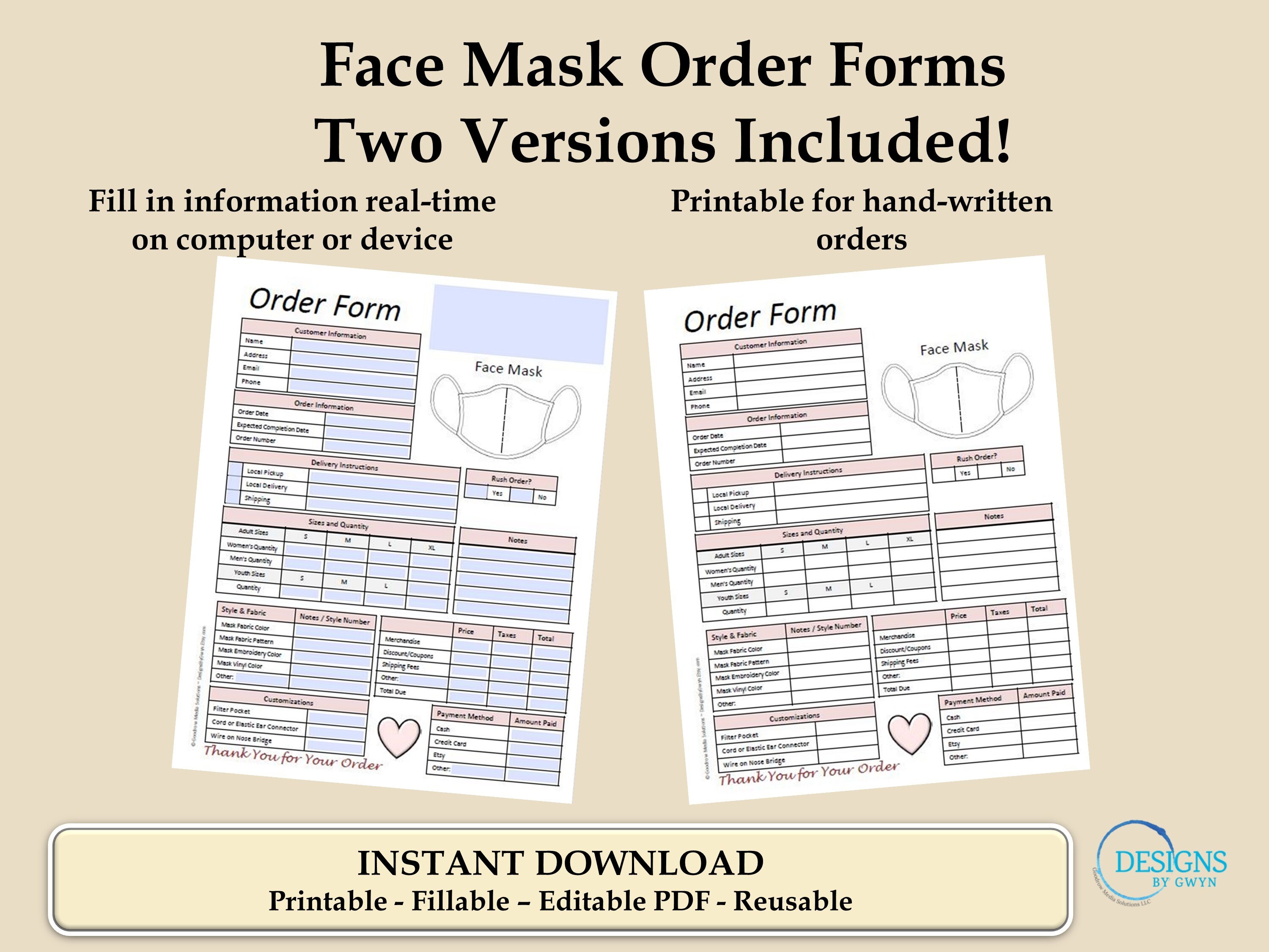 Custom Face Mask Order Form, Printable and Fillable/editable PDF ...