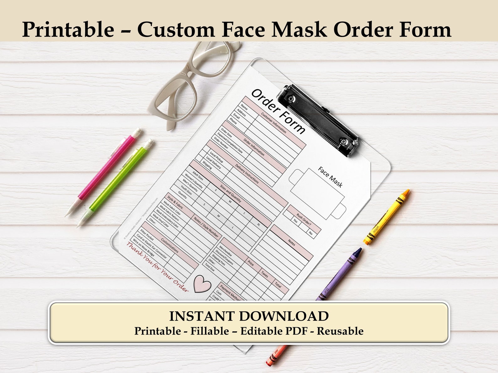 Custom Face Mask Order Form, Printable and Fillable/editable PDF ...