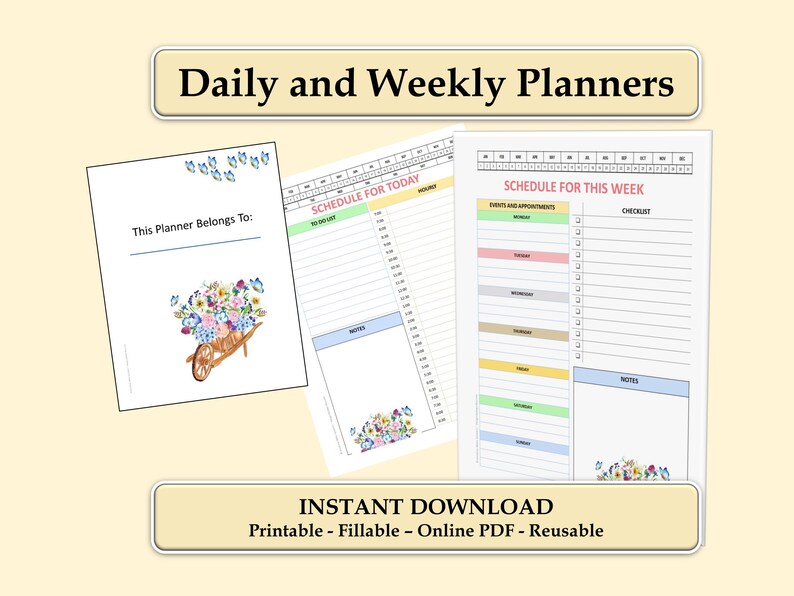 Printable and Fillable PDF, Daily and Weekly Planner Pages, Pastel ...