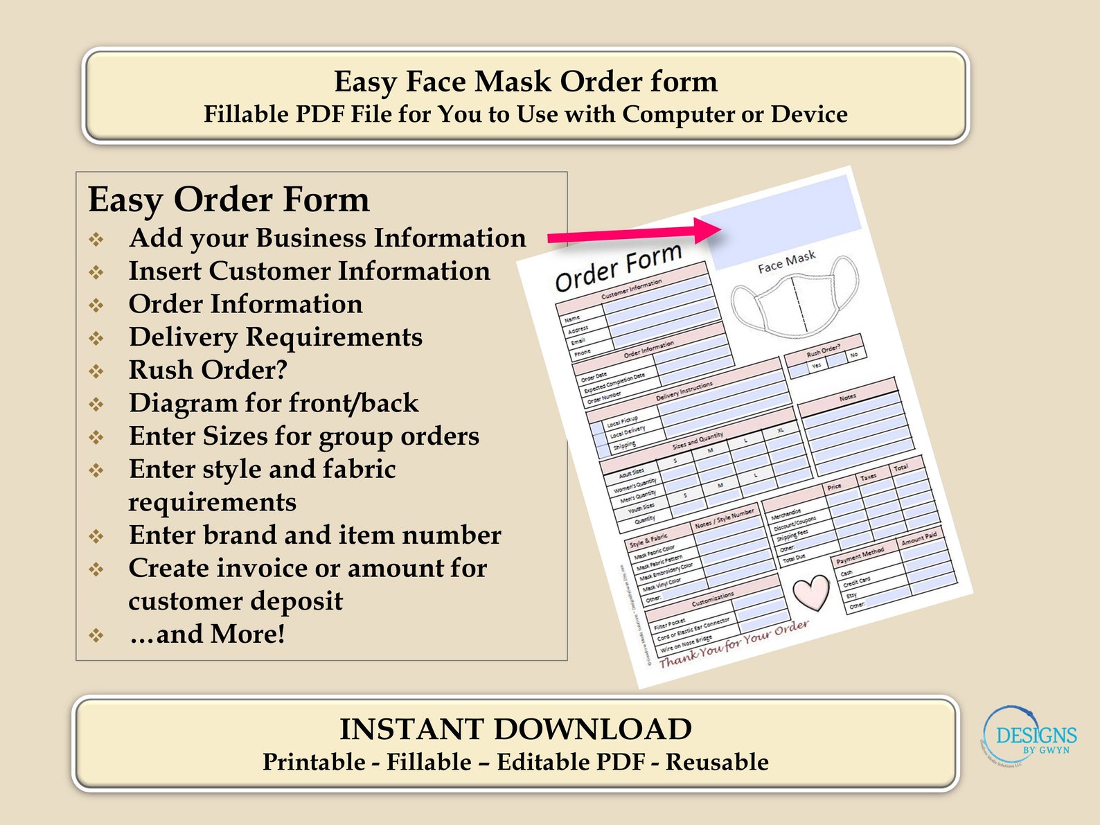 Custom Face Mask Order Form, Printable and Fillable/editable PDF ...