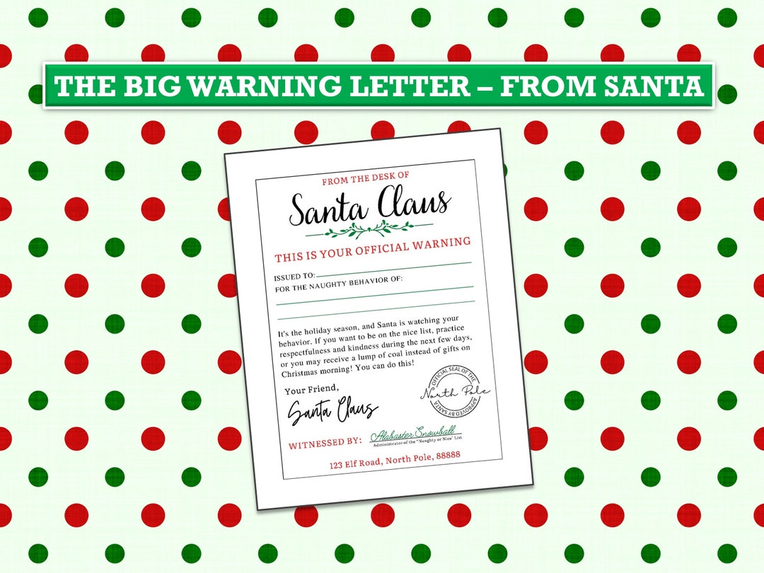 PRINTABLE Warning Letter From Santa, Naughty List Confirmation, Santa ...