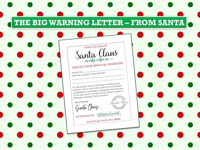 PRINTABLE Warning Letter From Santa, Naughty List Confirmation, Santa ...