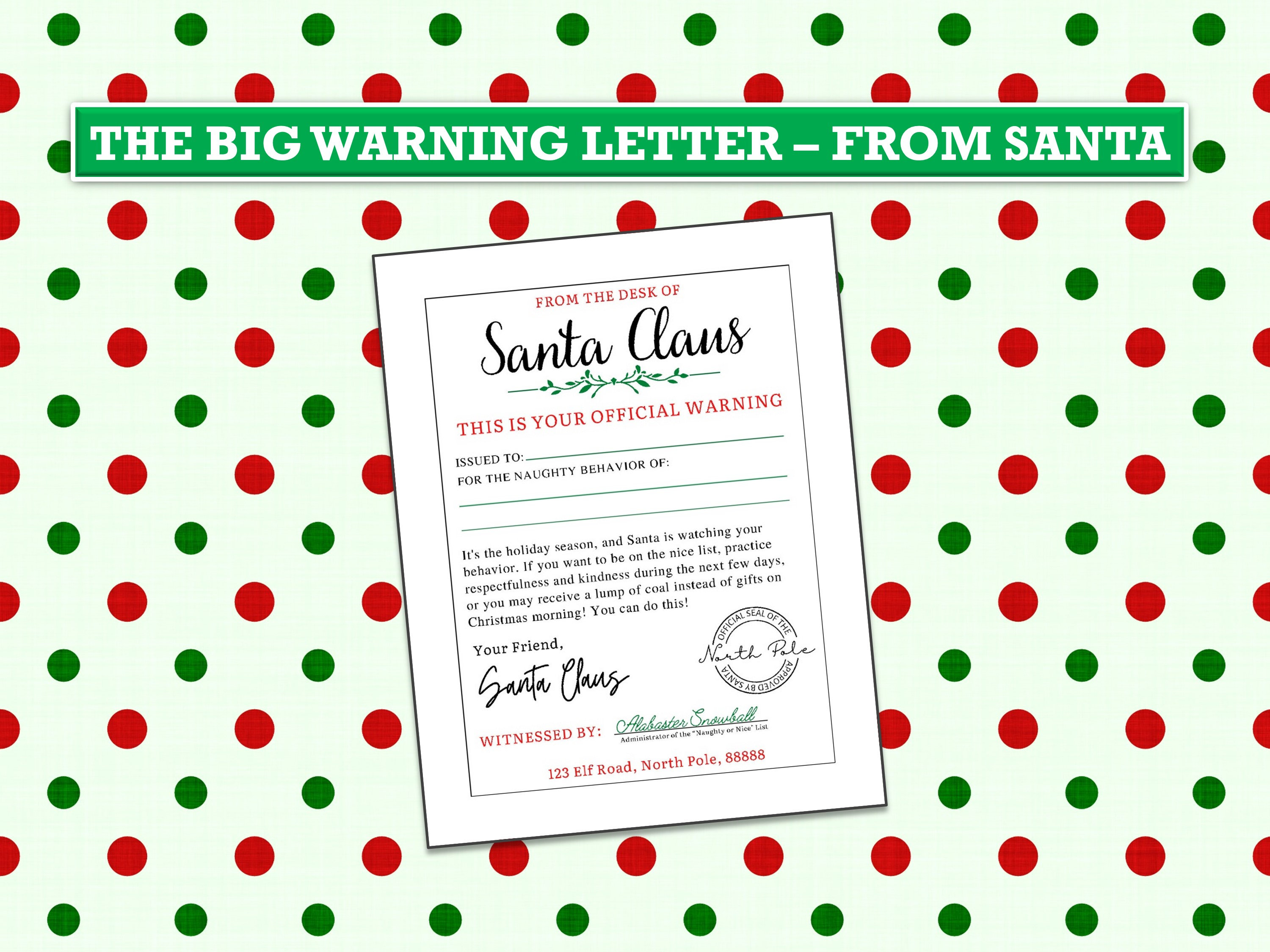PRINTABLE Warning Letter From Santa, Naughty List Confirmation, Santa ...