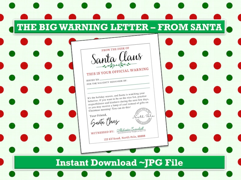 PRINTABLE Warning Letter From Santa, Naughty List Confirmation, Santa ...