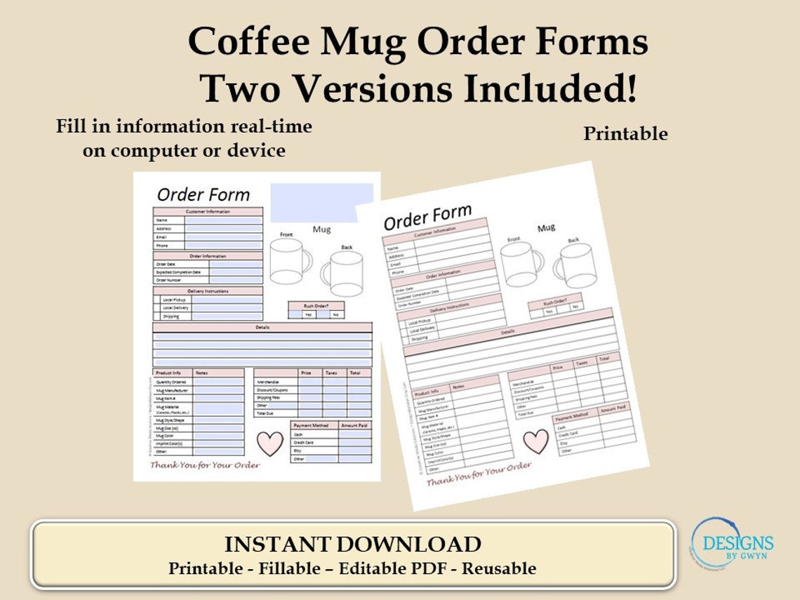 Custom Coffee Mug Order Form, Printable and Fillable/editable PDF ...