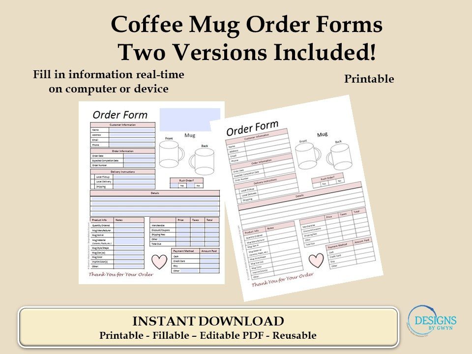 Custom Coffee Mug Order Form, Printable and Fillable/editable PDF ...