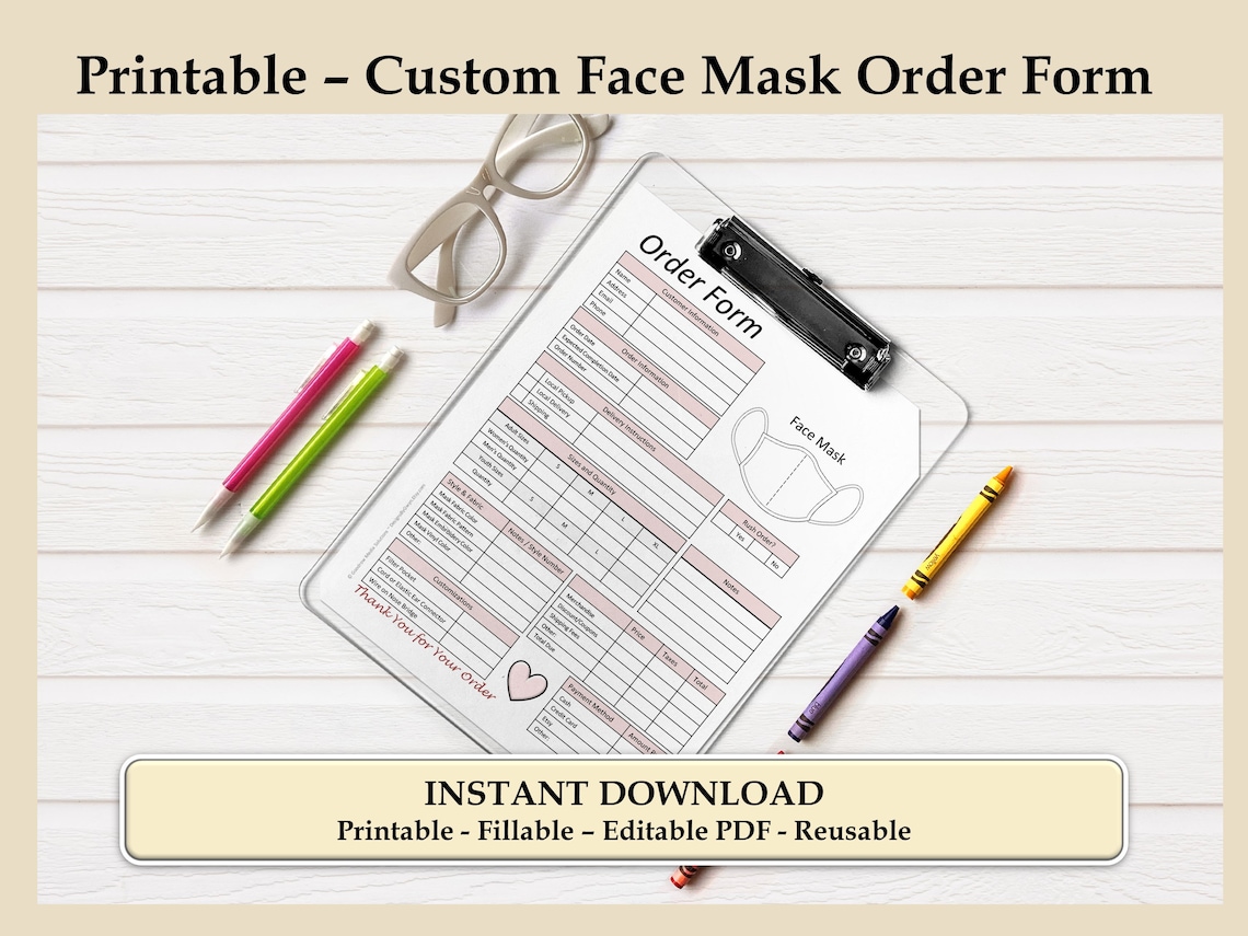 Custom Face Mask Order Form, Printable and Fillable/editable PDF ...