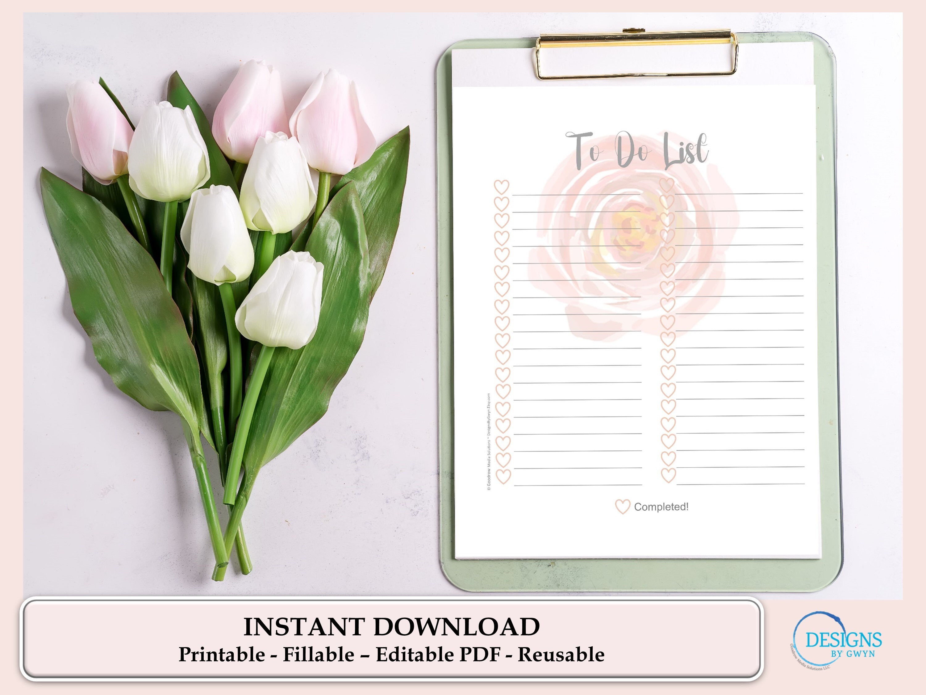 Fillable Template for Your to Do List, Pretty Roses and Hearts, Simple ...
