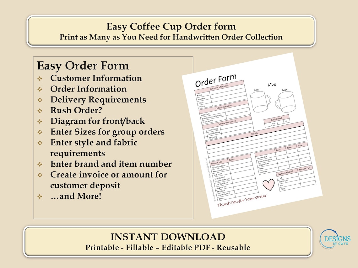 Custom Coffee Mug Order Form, Printable and Fillable/editable PDF ...