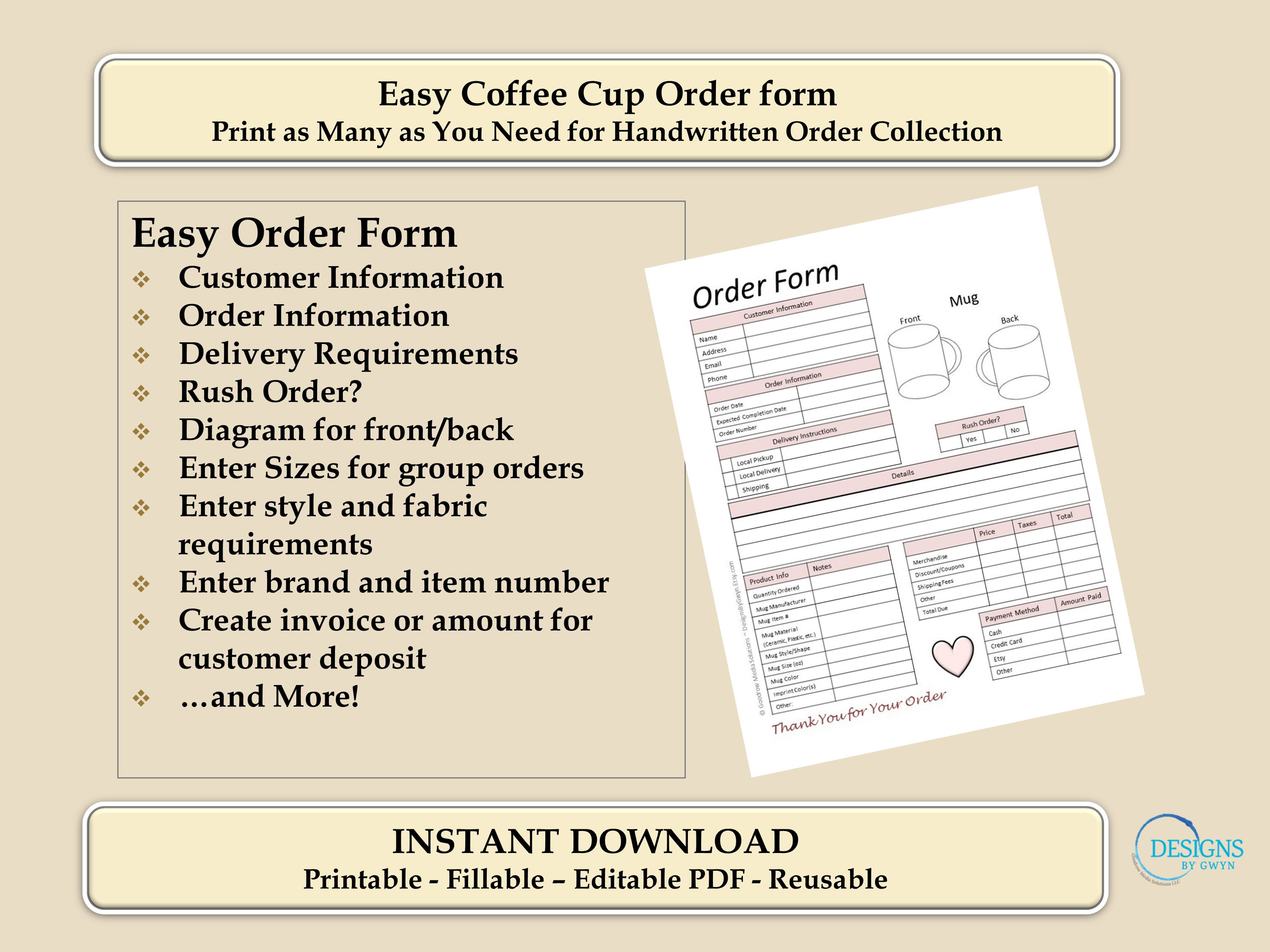 Custom Coffee Mug Order Form, Printable and Fillable/editable PDF ...