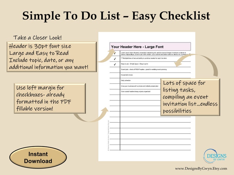 Printable Checklist Template, Editable PDF, Simple Design (digital ...