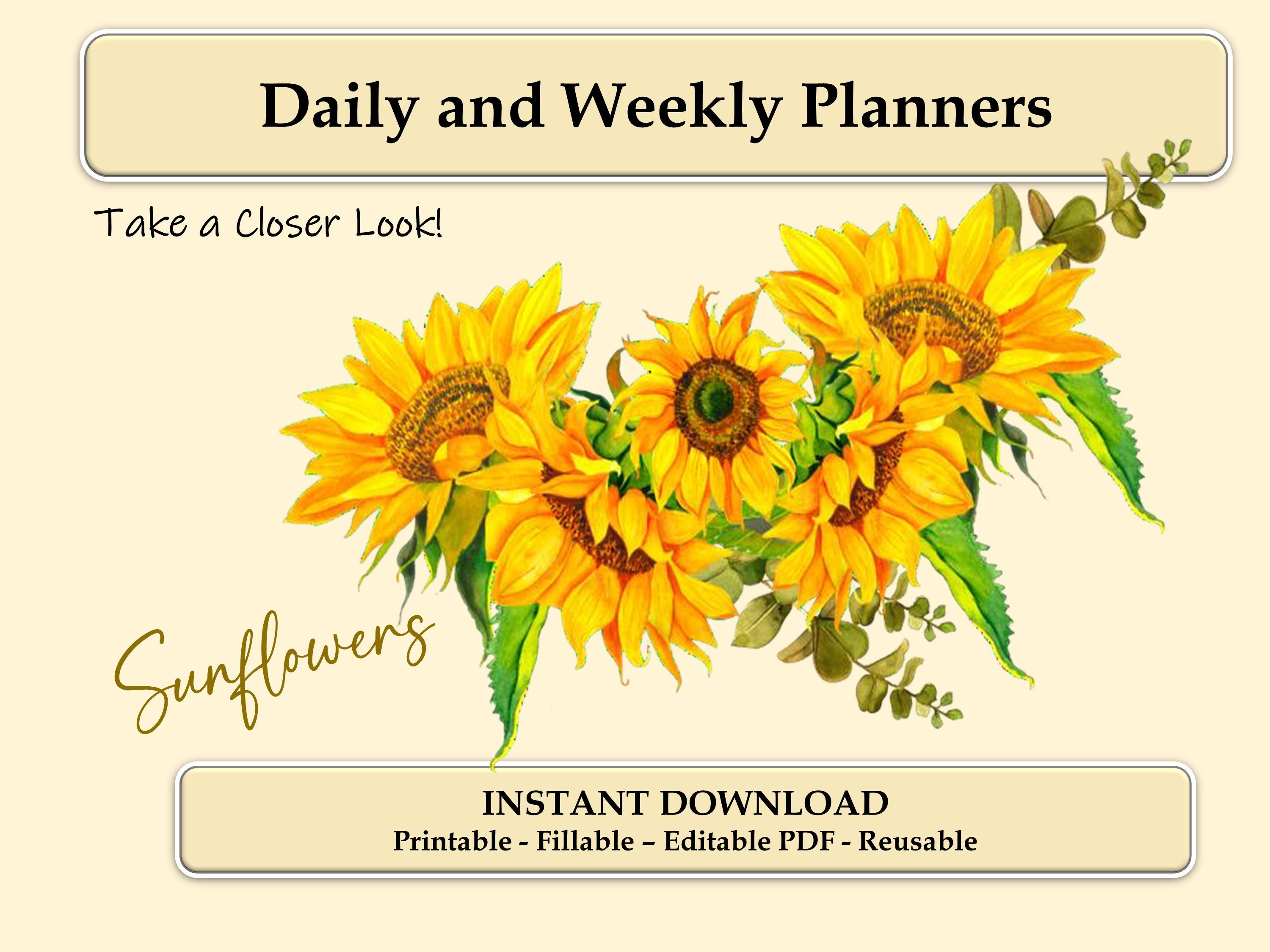Daily and Weekly Planner Pages-sunflower Theme Fillable Pdf-printable ...