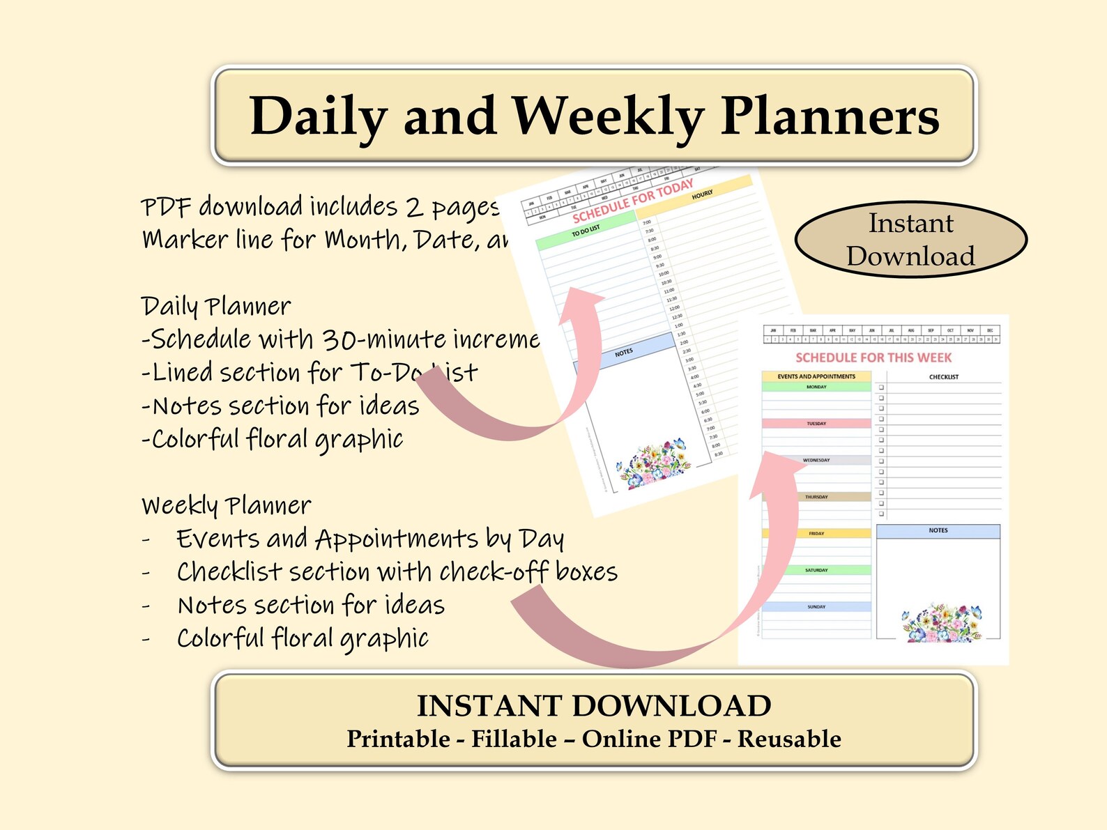 Printable and Fillable PDF, Daily and Weekly Planner Pages, Pastel ...
