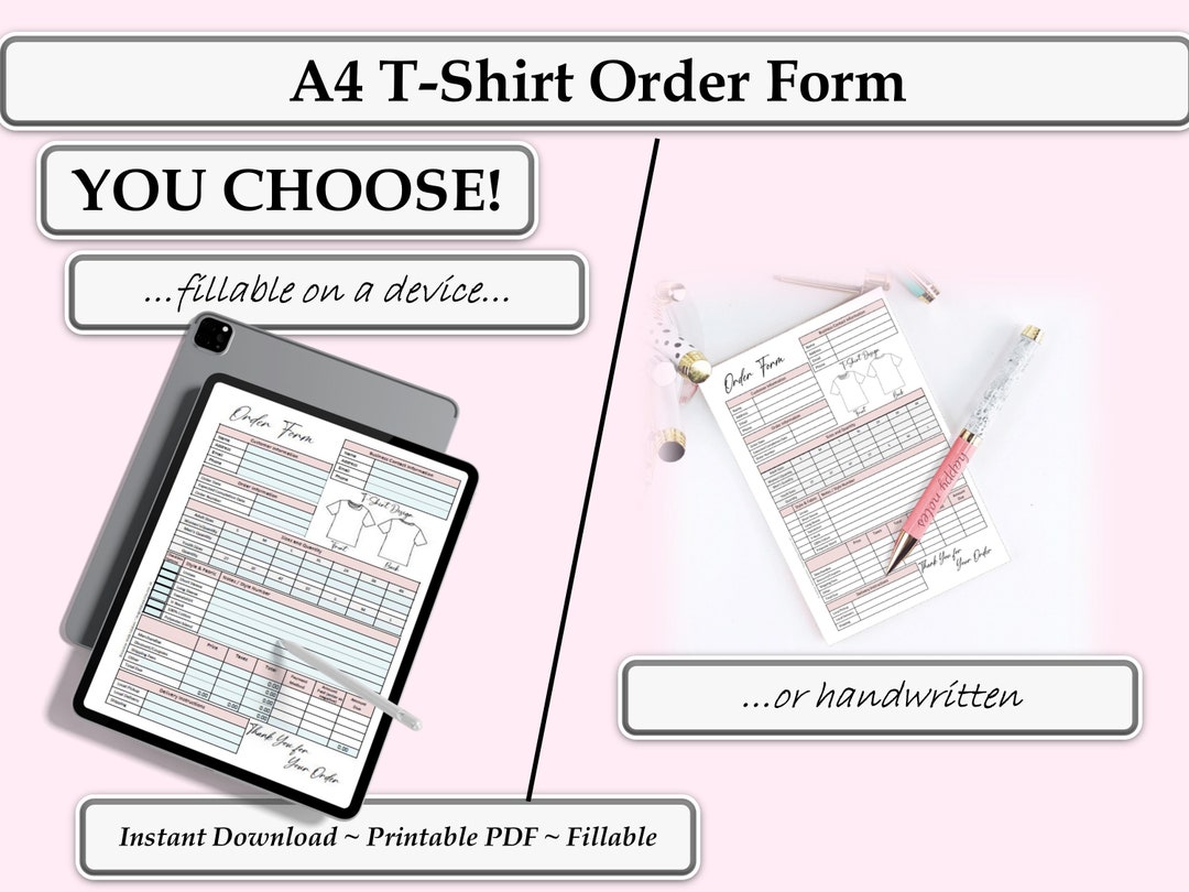 A4 Custom T-shirt Order Form, Printable, Fillable PDF for Embroidery ...