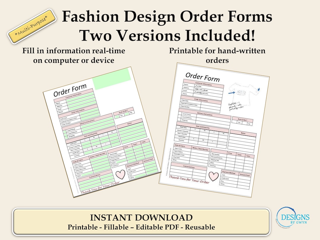 Multi-purpose Order Form, Printable and Fillable/editable PDF, Instant ...