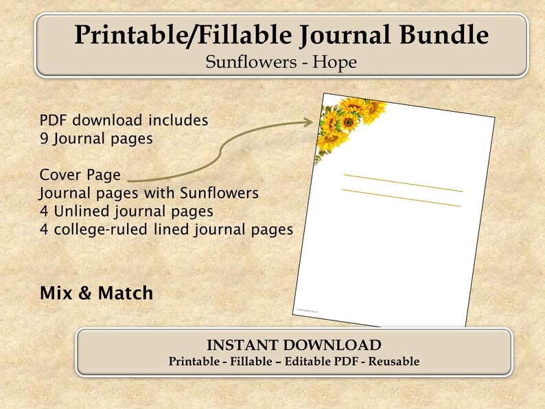 Blank and Lined Writing Pages, Sunflowers, Hope, Binder Notebook ...