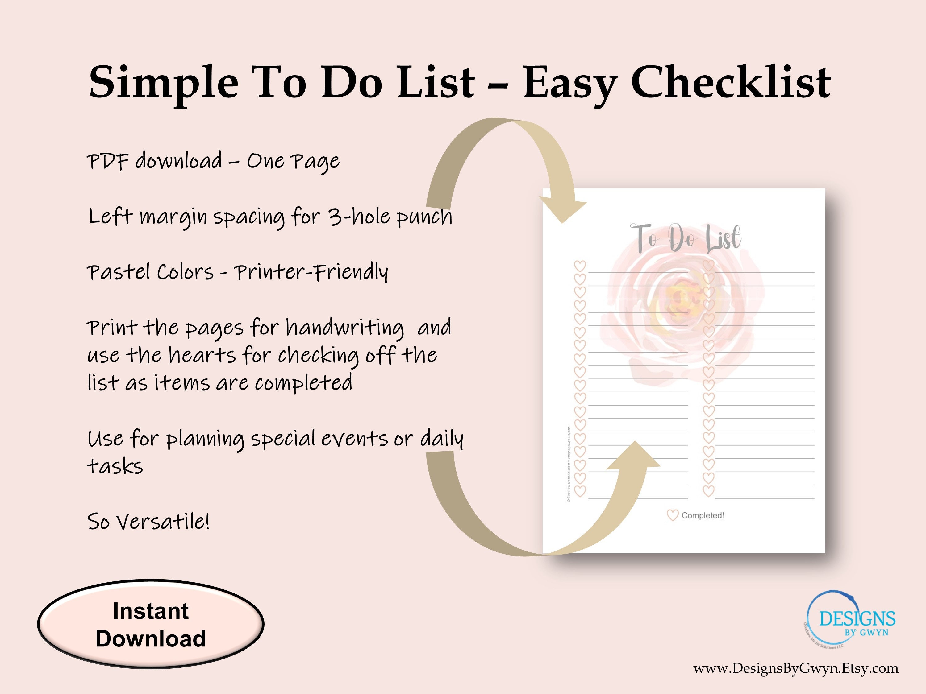 Fillable Template for Your to Do List, Pretty Roses and Hearts, Simple ...