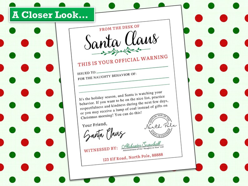 PRINTABLE Warning Letter From Santa, Naughty List Confirmation, Santa ...