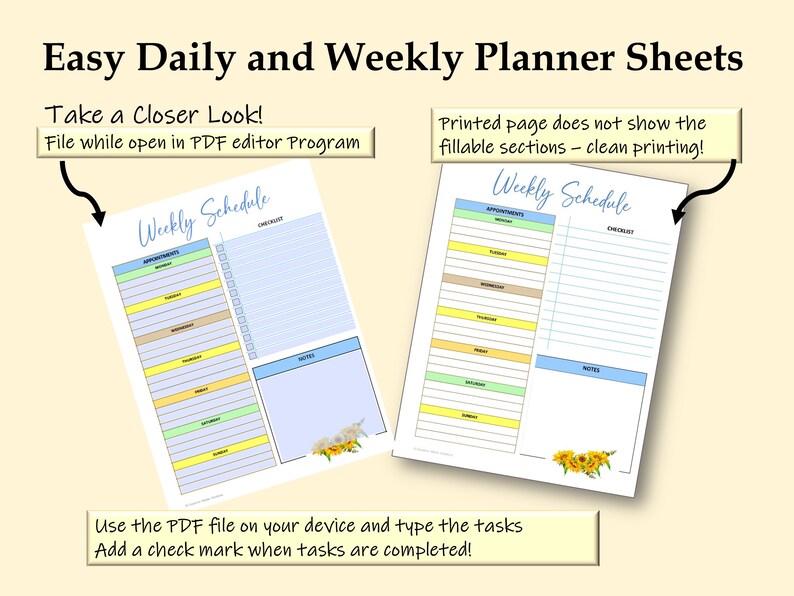 Daily and Weekly Planner Pages-sunflower Theme - Fillable Pdf-printable ...