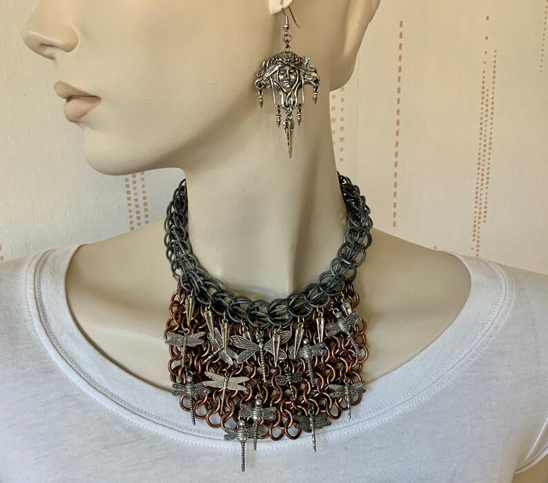 Dragonflies and Spikes chainmaille necklace and Dangle | Etsy