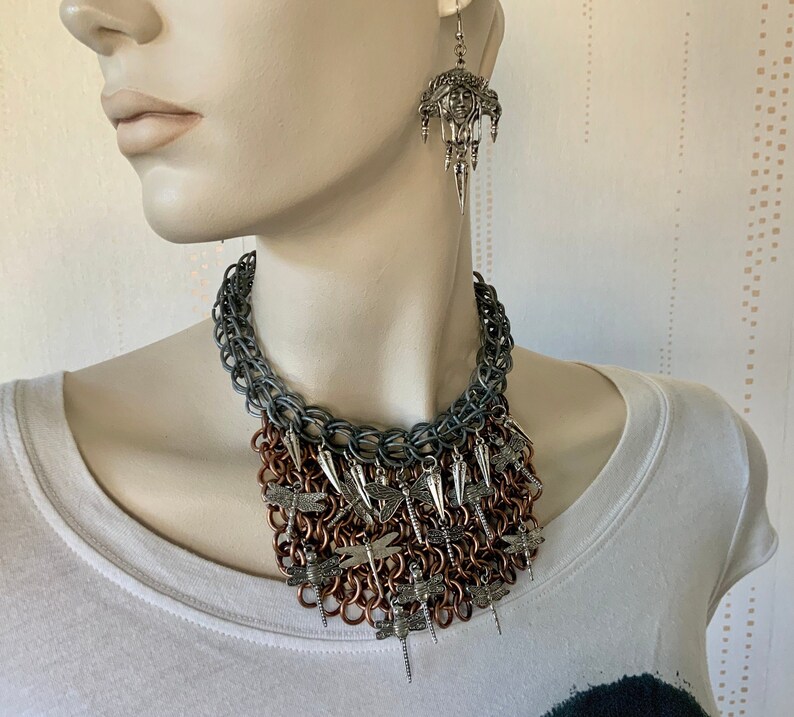 Dragonflies and Spikes chainmaille necklace and Dangle | Etsy