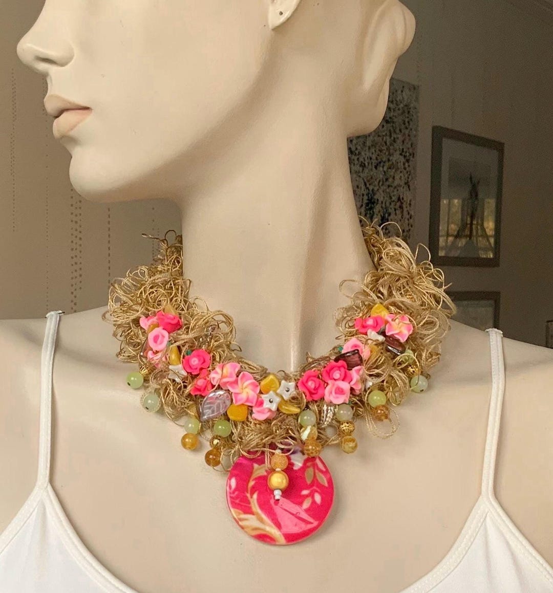 Pretty Pink Flowers Necklace, Precious Adorable Fun Necklace, Unique ...