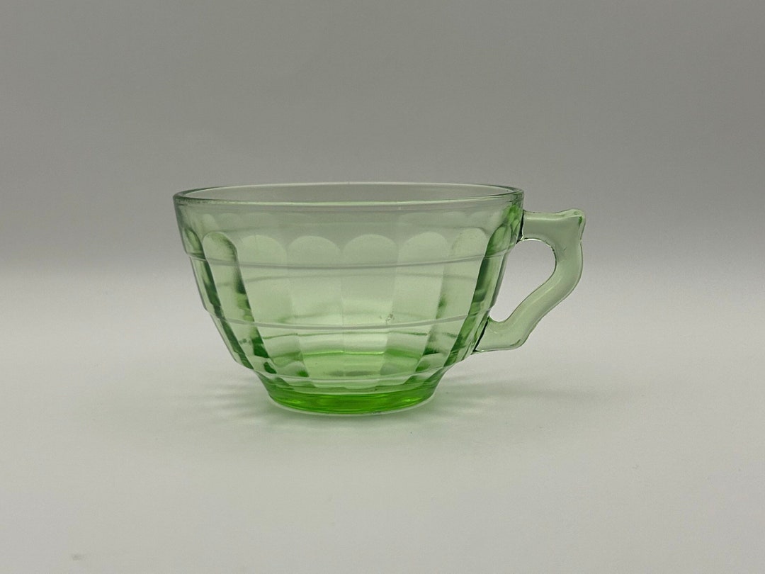 Vintage Uranium Green Depression Glass Block Optic Pattern Tea Cup and ...