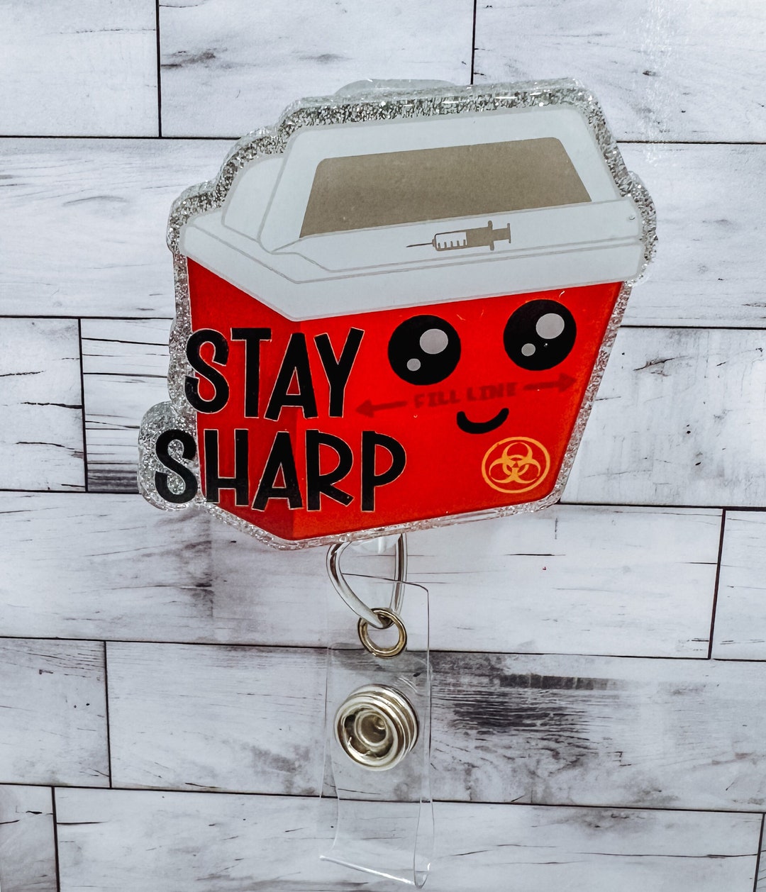 Stay Sharp Sharps Container Badge Reel: Glitter Acrylic Nursing ID - Etsy