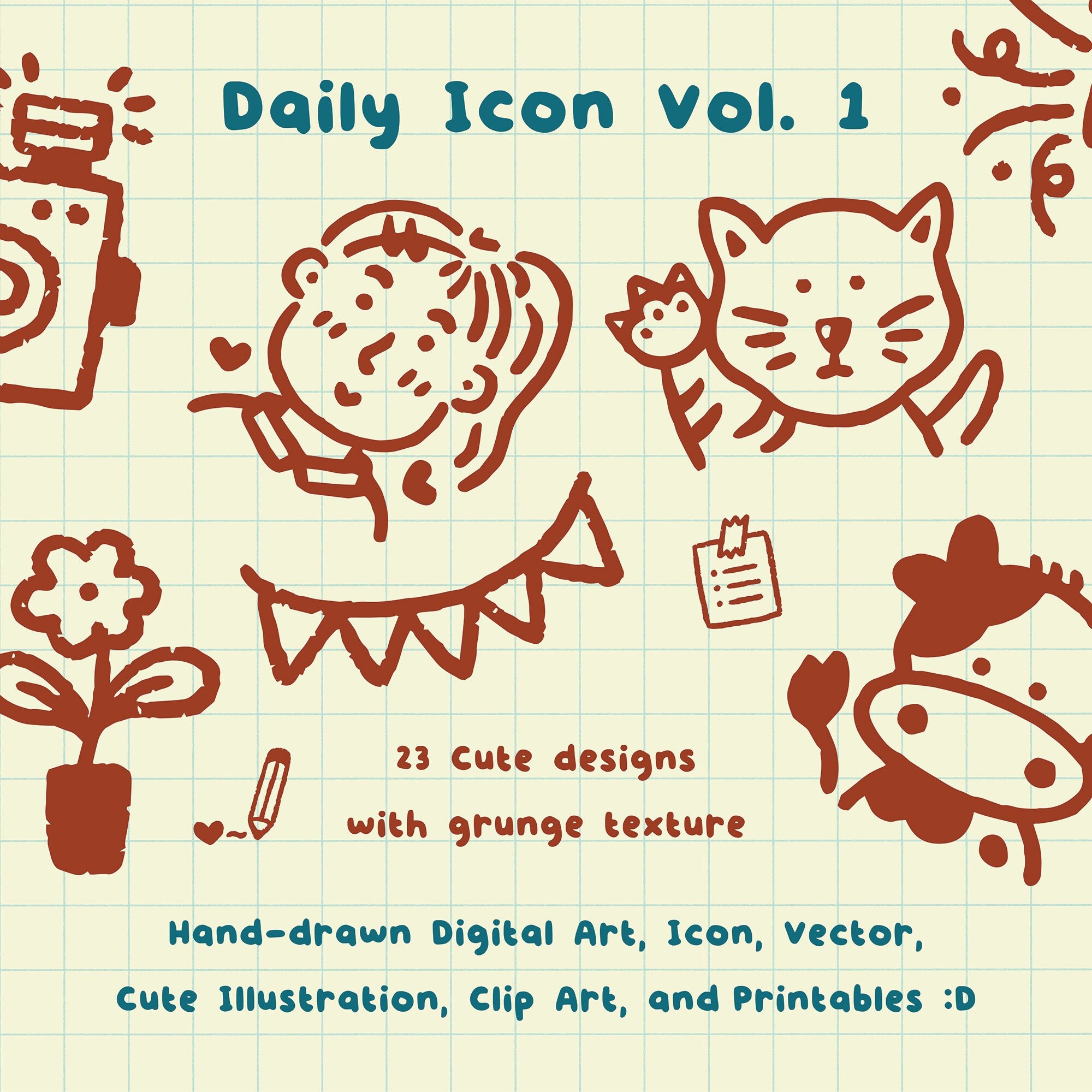 Hand-drawn Cute Daily Icon Pack 1 / Kawaii Illustrations / Clip Art ...