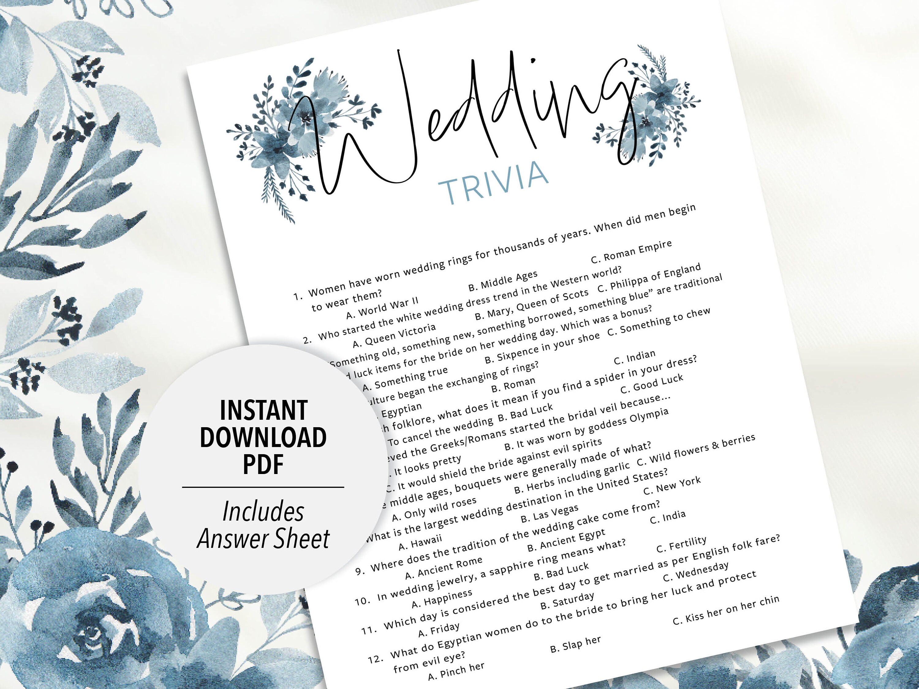 Wedding Trivia Quiz | Printable Wedding Trivia Quiz Game | Blue Flowers ...