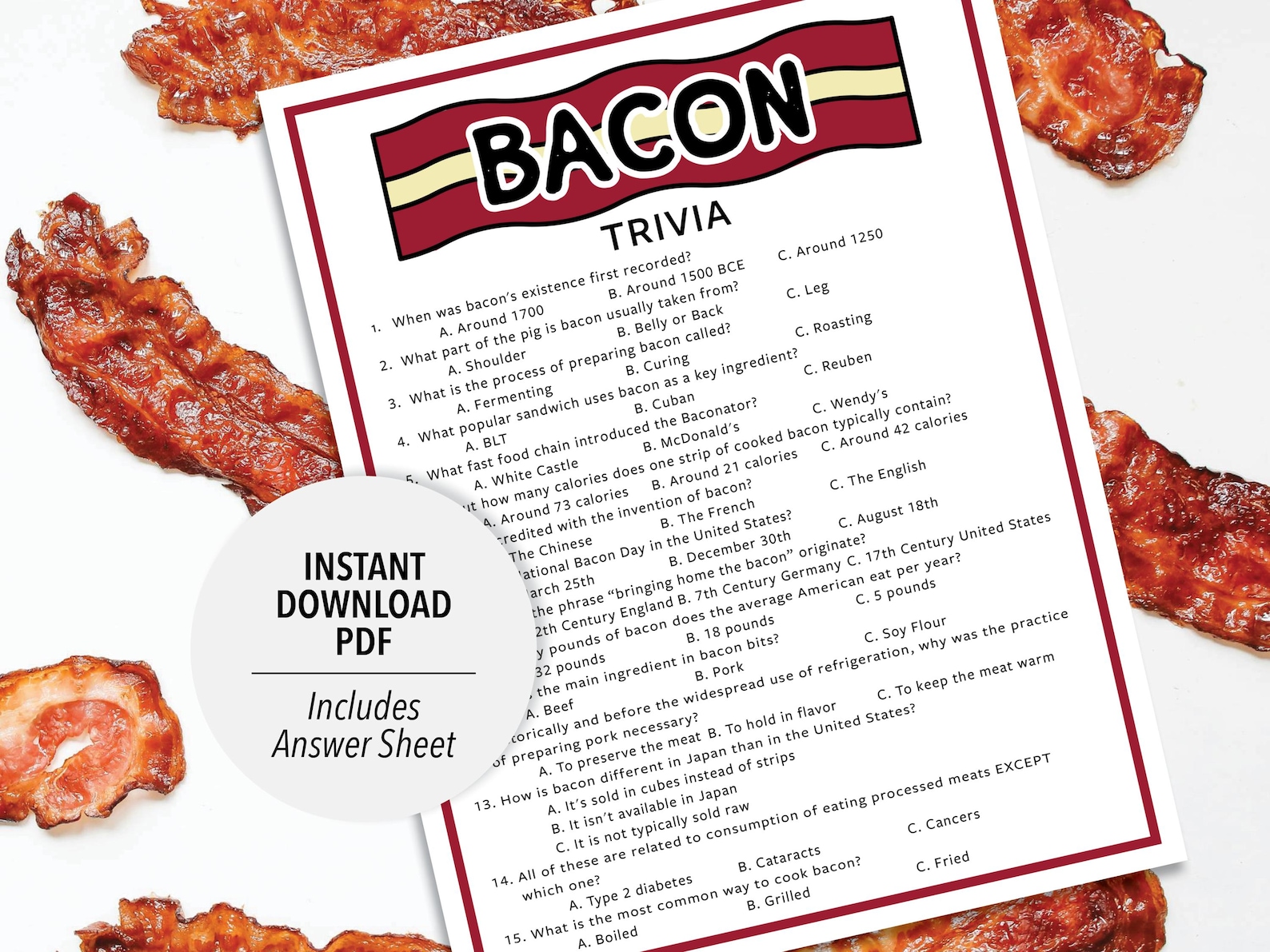 Bacon Trivia | Bacon Trivia Game | Printable Bacon Trivia | Printable ...